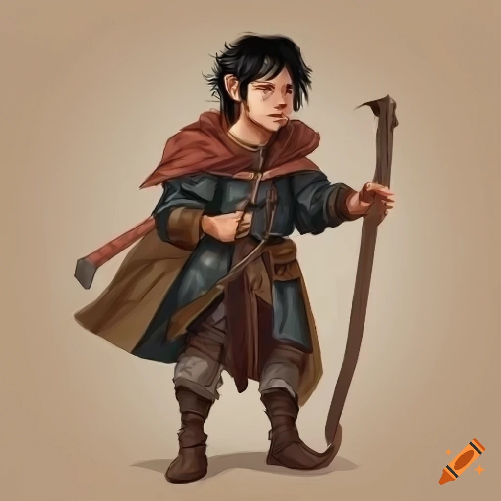 Halfling male medieval student and doctor with slingshot, axe, and ...