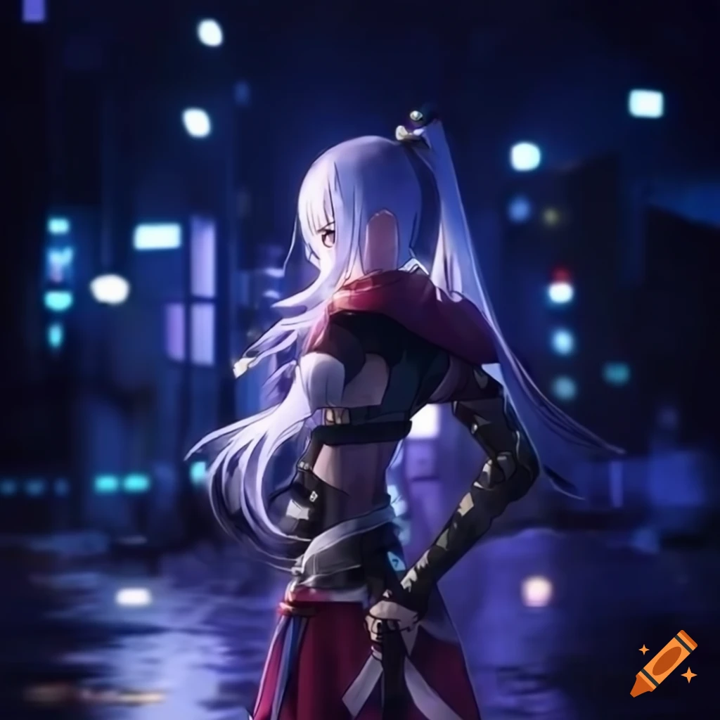 Cyberpunk samurai girl with white hair in anime style on Craiyon