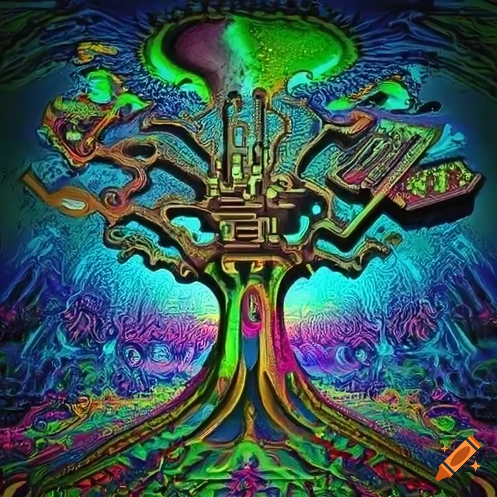 Psychedelic alien tree in electronic circuit board art style with retro ...