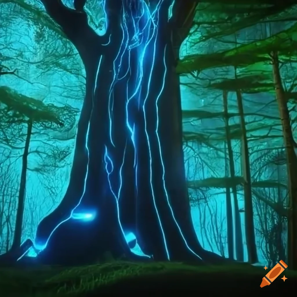 Biopunk forest with glowing bioluminescent trees merging nature and technology on Craiyon