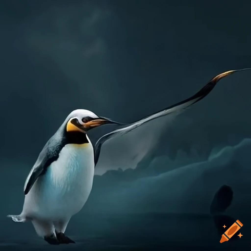 Surrealistic giant penguin batting at airplanes on Craiyon