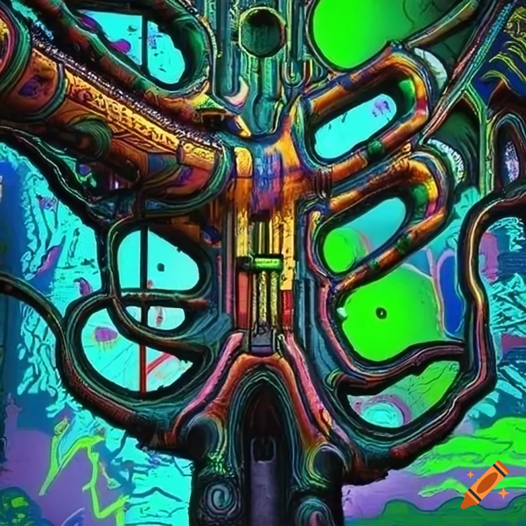 Psychedelic alien tree in tube art style with detailed technical drawing of tropical plants on ...