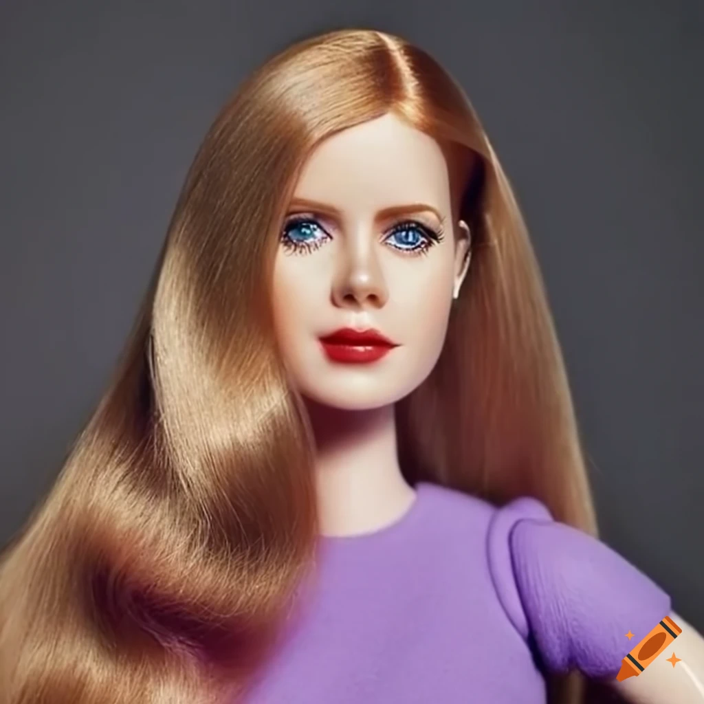 Actress portraying Barbie with long straight hair and purple tube top ...