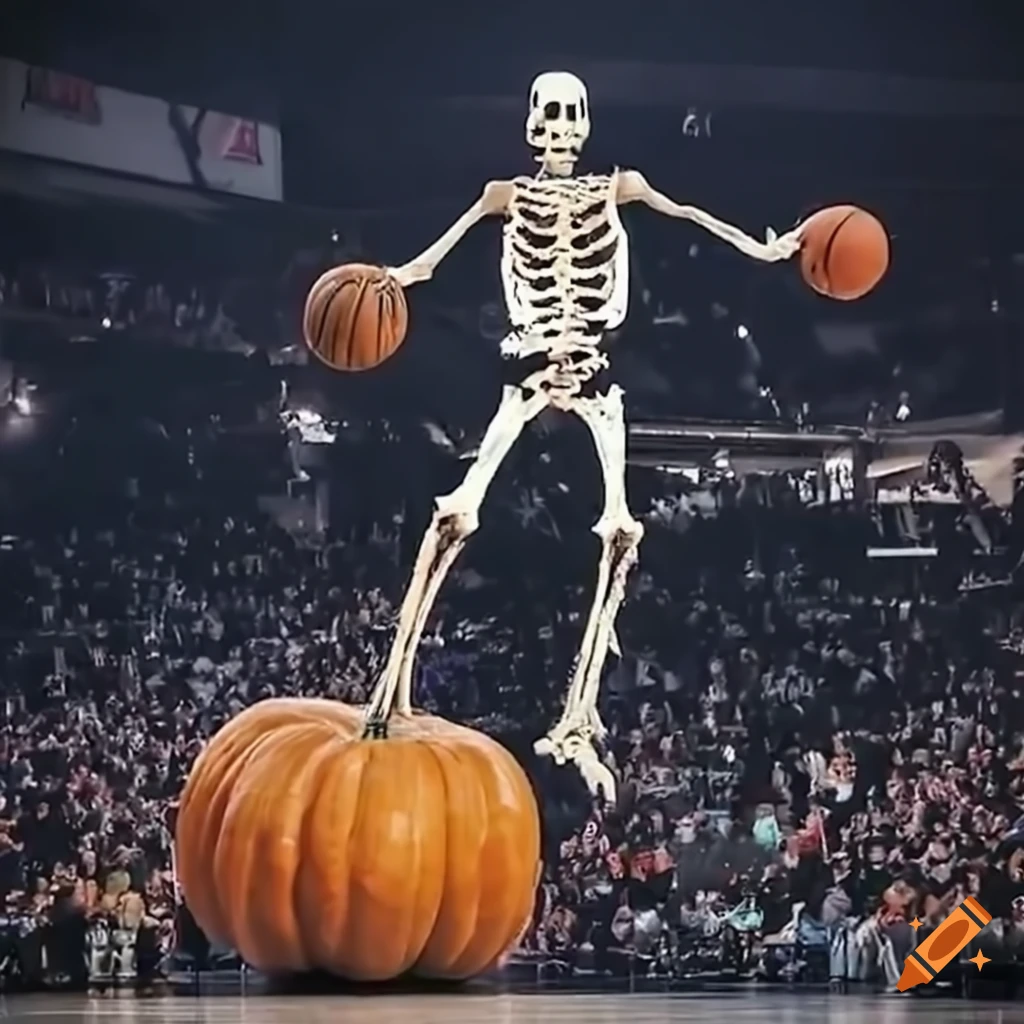Shaquille O'Neal dunking a giant pumpkin on a spooky basketball court ...