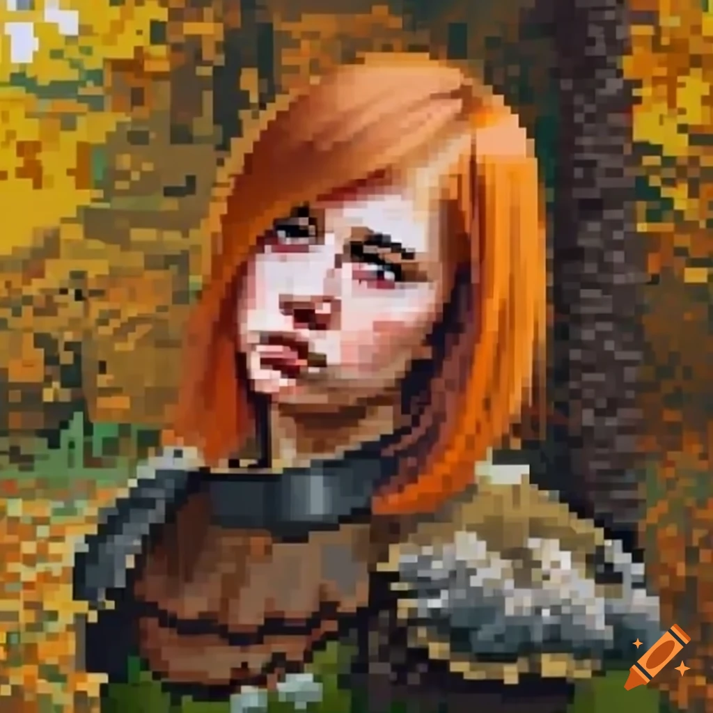 Pixelart hyperrealism portrait of a serious jrpg heroine with a wolf ...