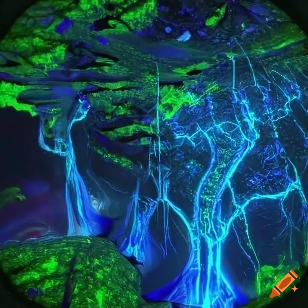 Surreal biopunk forest merging nature and technology with glowing bioluminescent trees on Craiyon