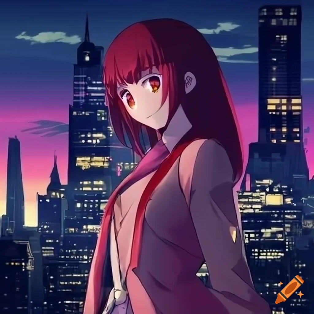 Courageous heroine in front of an intimidating cityscape in anime style ...