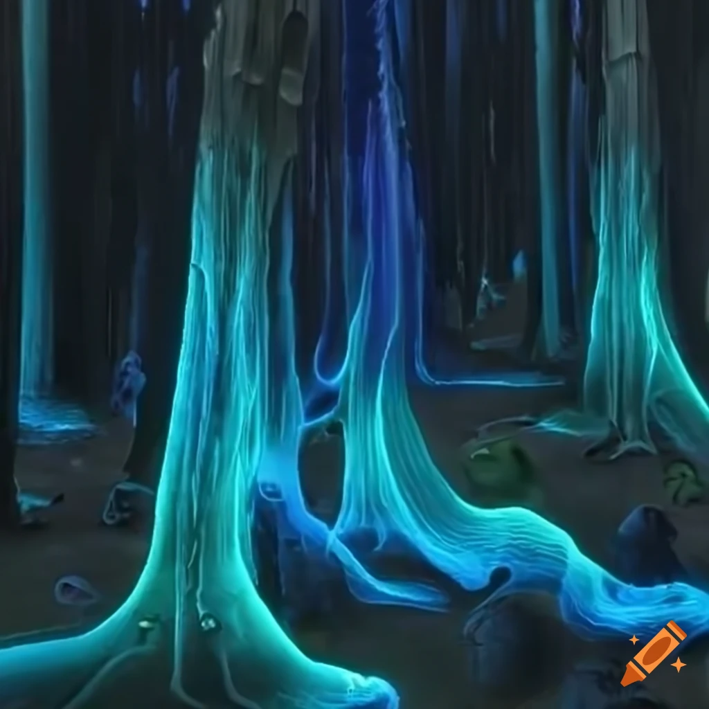 Biopunk forest with glowing bioluminescent trees merging nature and technology on Craiyon
