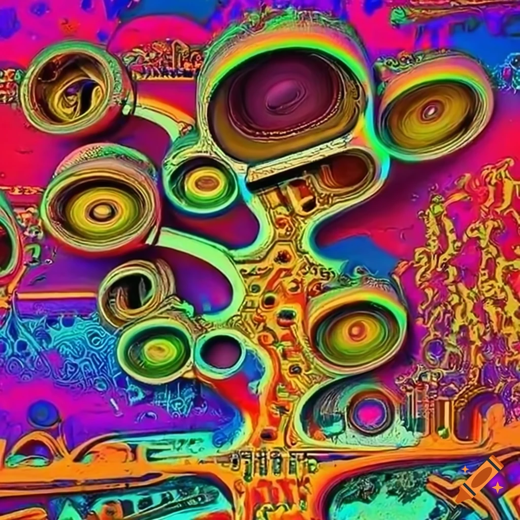 Psychedelic alien tree in tube art style with technical drawings of ...