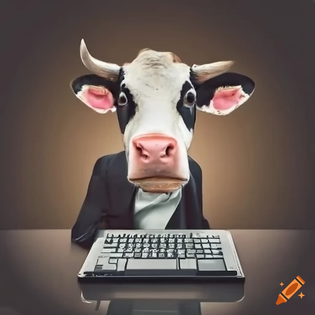 Cow typing on a computer on Craiyon