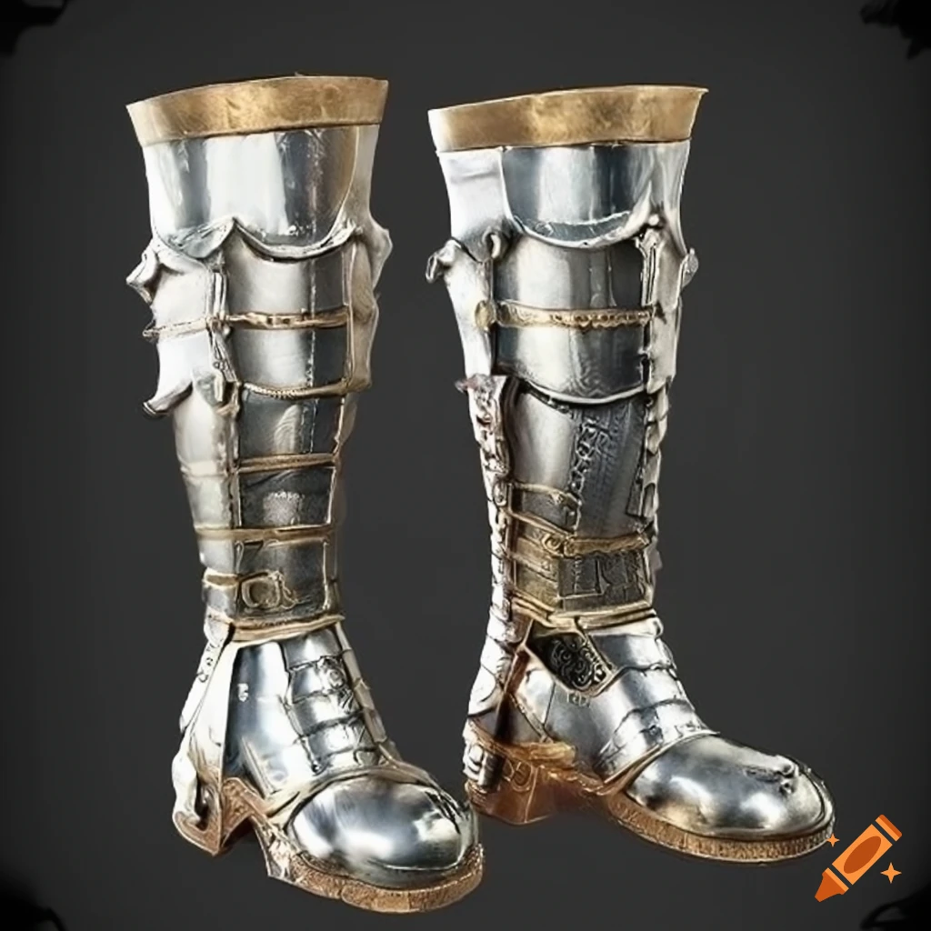 Medieval pair of adorned mithril plated knight boots with magic aura on ...