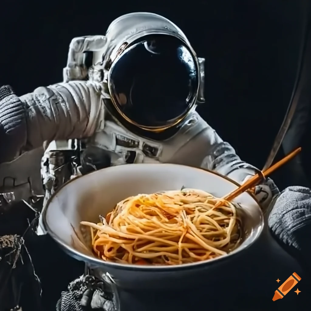 Astronaut eating spaghetti in close-up view on Craiyon