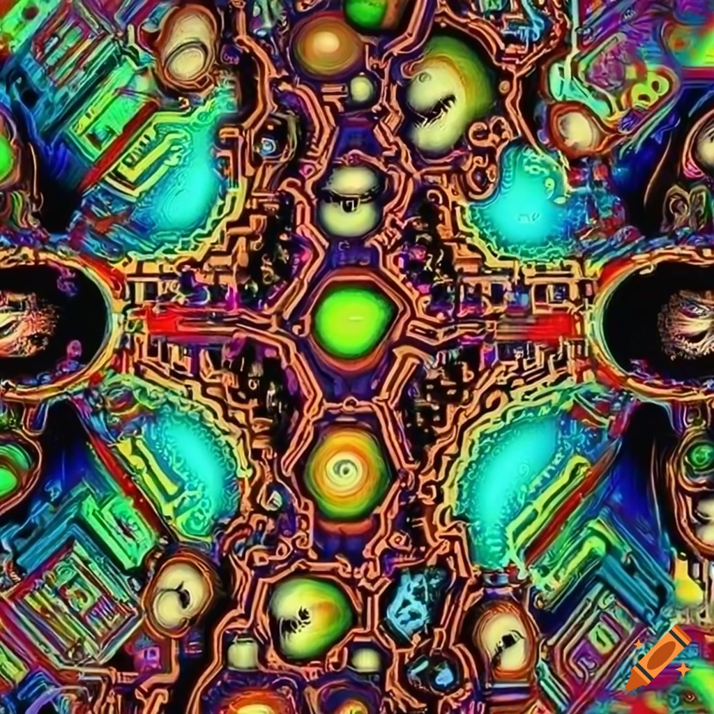 Psychedelic alien tree in electronic circuit board art style with retro ...