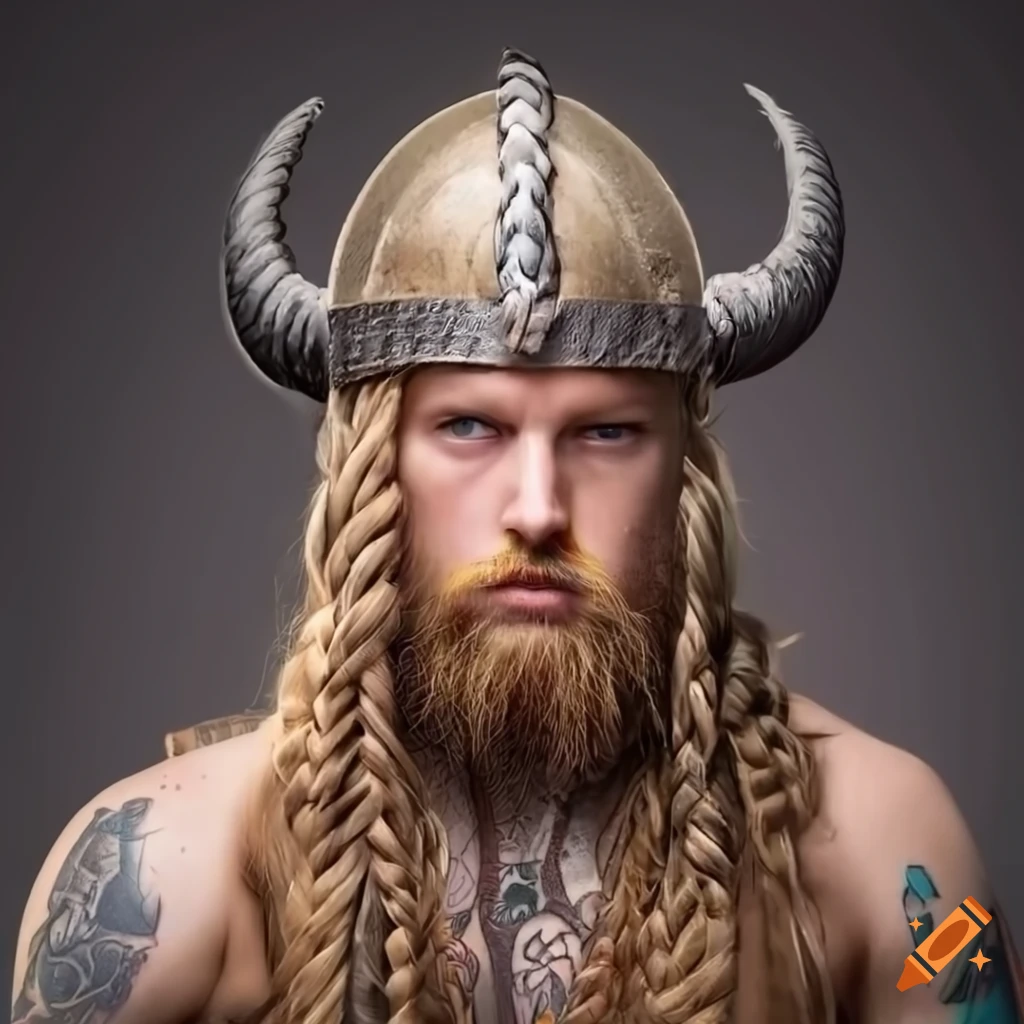 Young rugged viking with braided blond hair, tattoos, and a helmet on ...