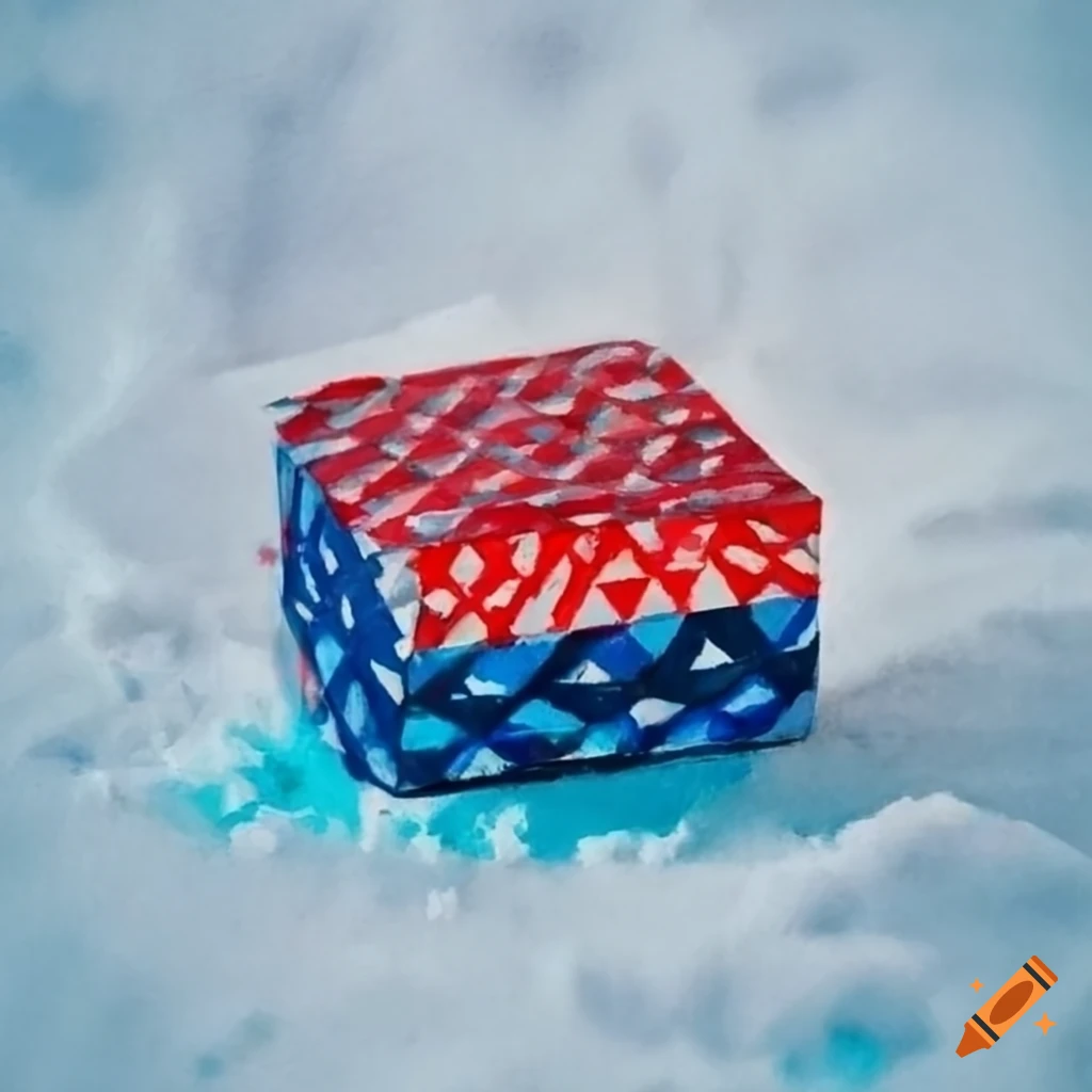 Square paper box with blue and red triangles on snow in a watercolor ...