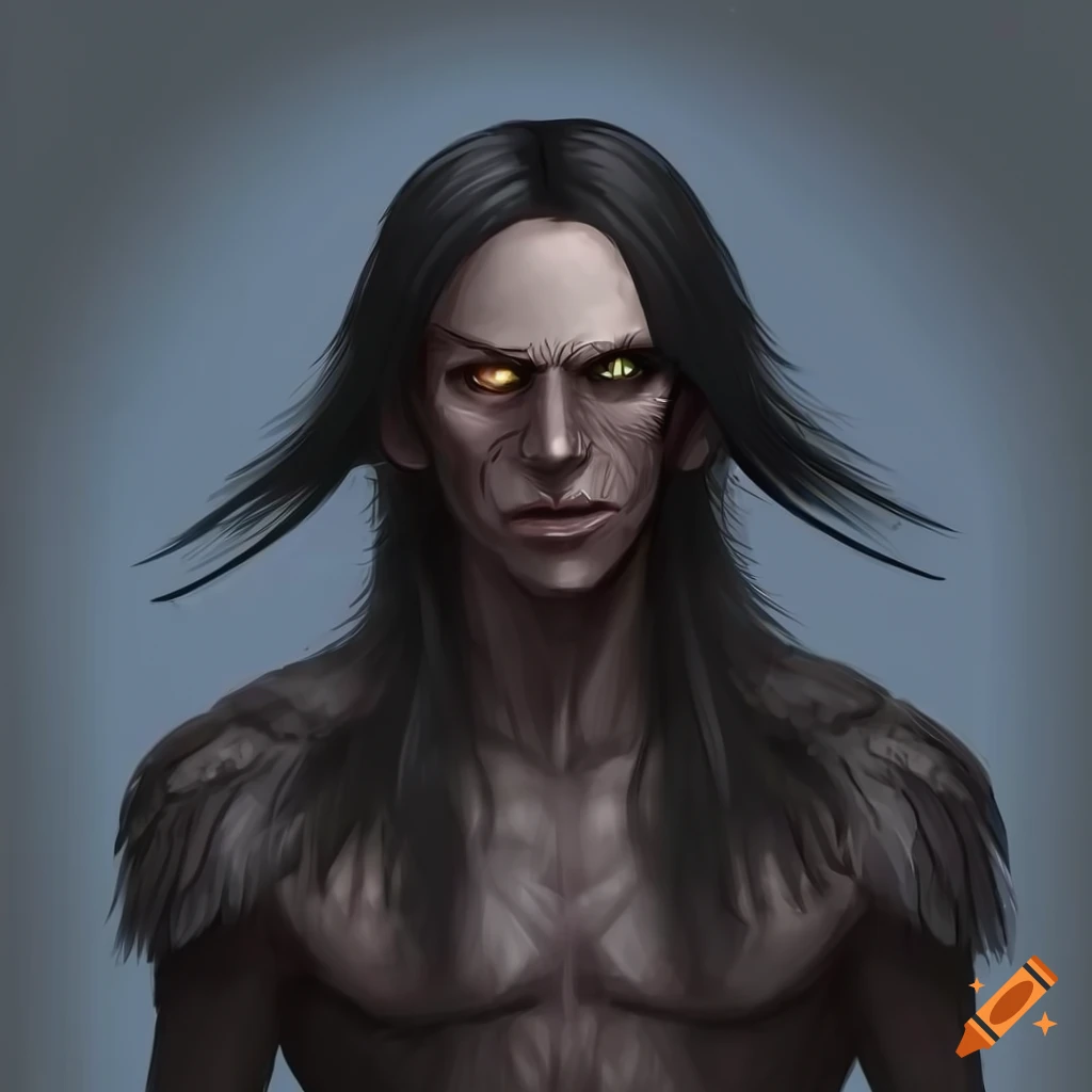 Humanoid crow male with feathery face and long feather hair on Craiyon