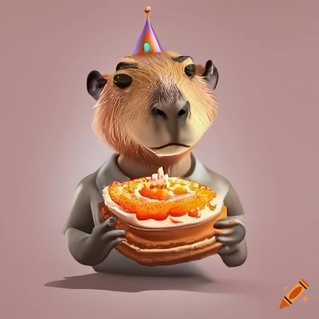 Anthropomorphic capybara with mandarin cake for birthday celebration on ...