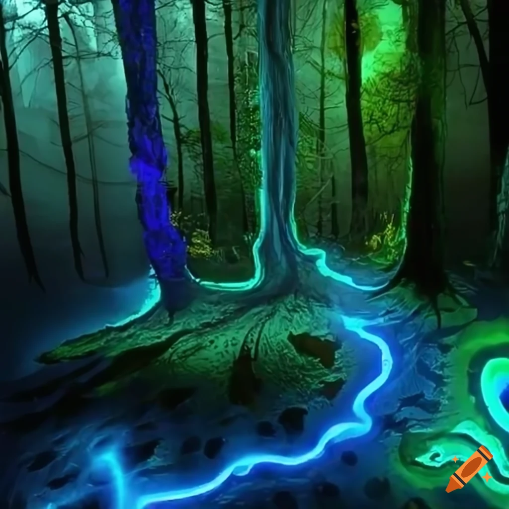 Surreal biopunk forest with glowing bioluminescent trees on Craiyon