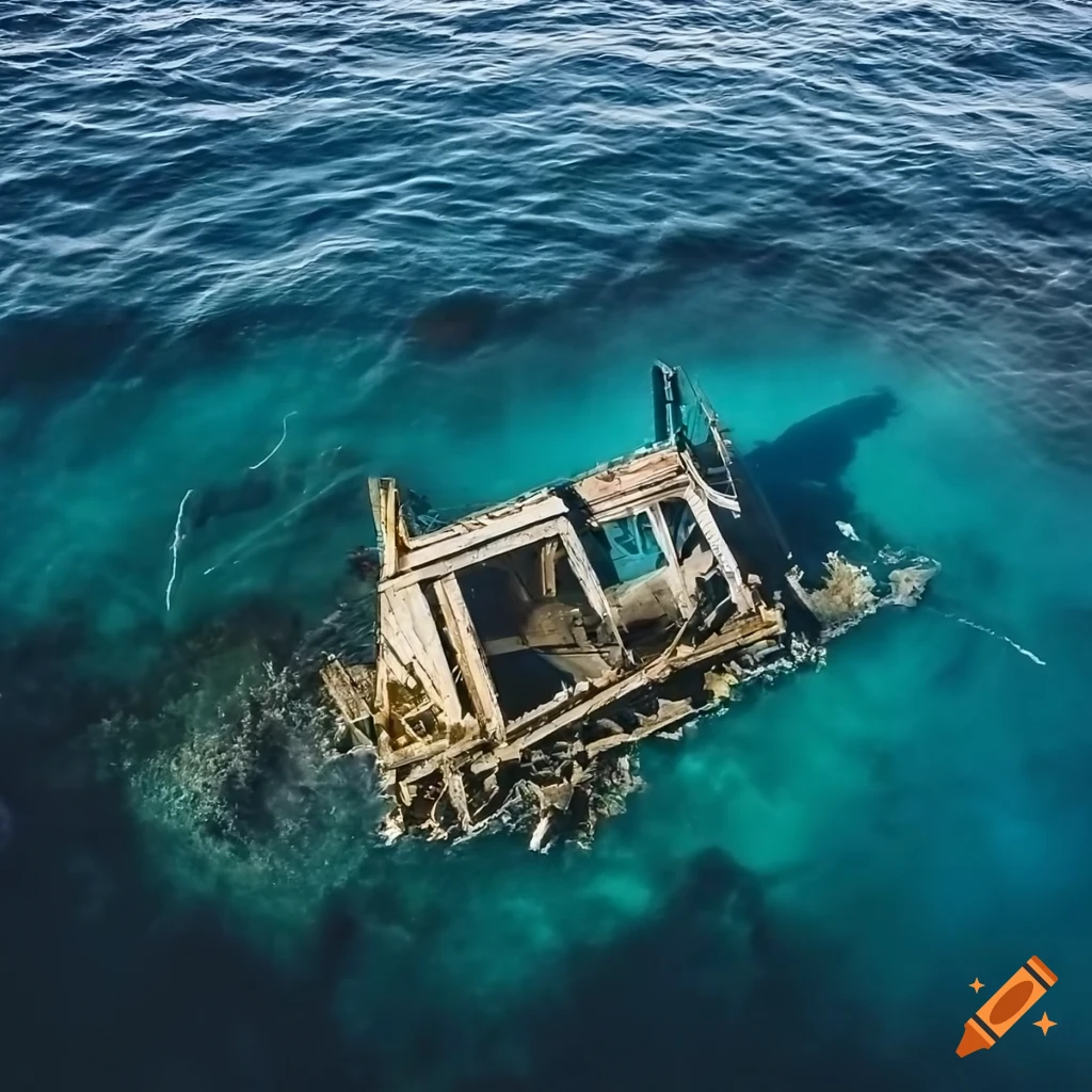 Aerial view of a destroyed cabin in the ocean with dramatic lighting on ...