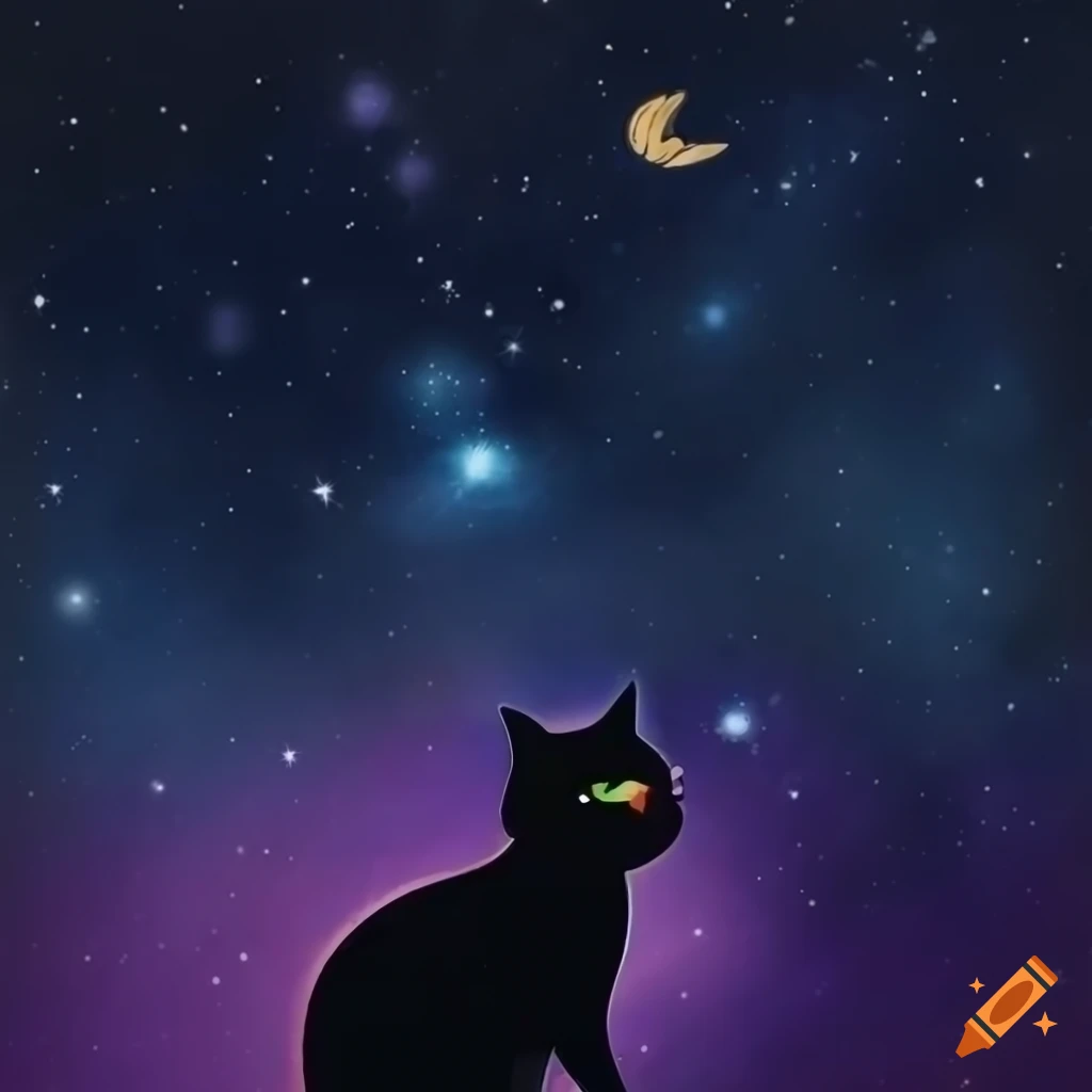 Black cat flying amidst the starry Milky Way in a cartoon style on Craiyon