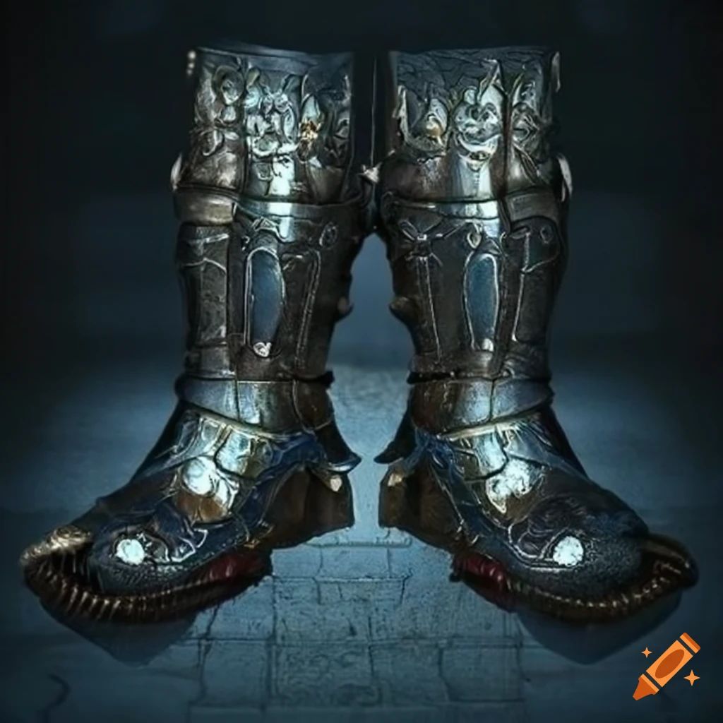 Adorned mithril plated knight boots for rpg game with magic aura on Craiyon