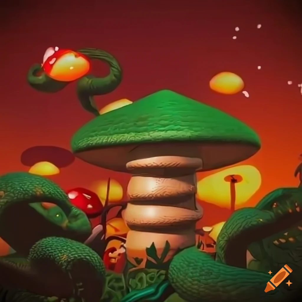 Masked figure riding giant snake in a mushroom forest with 70s sci-fi ...