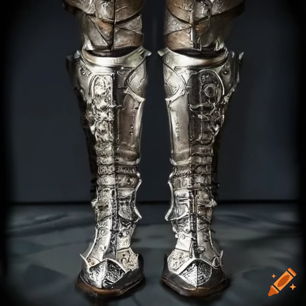 Medieval pair of adorned mithril plated knight boots with magical aura ...