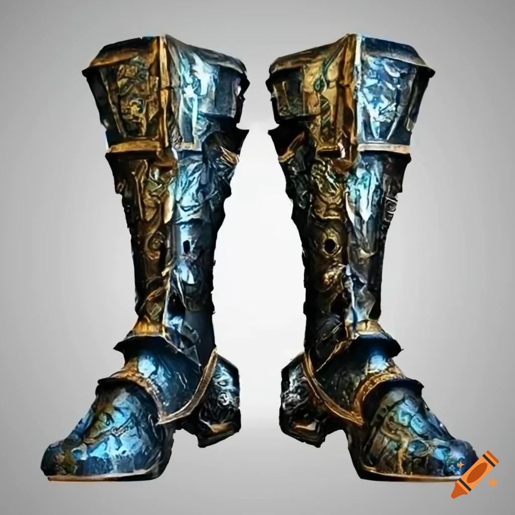 Adorned mithril plated knight magic boots for leg armor in a fantasy ...