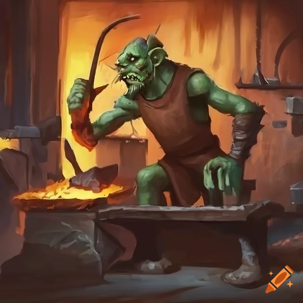 Fantasy rusty blacksmiths forge with goblins at work in the style of ...