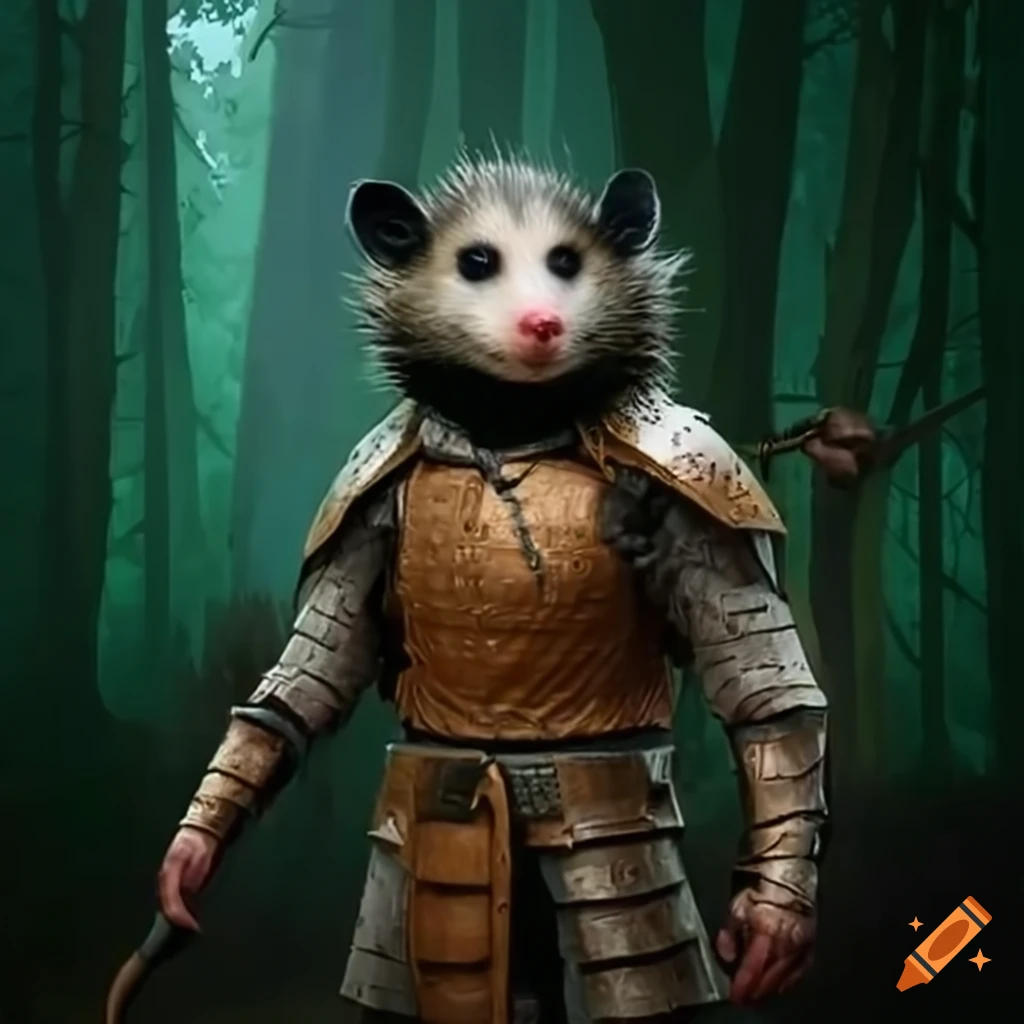 Brave opossum ranger in combat armor against a forest backdrop on Craiyon
