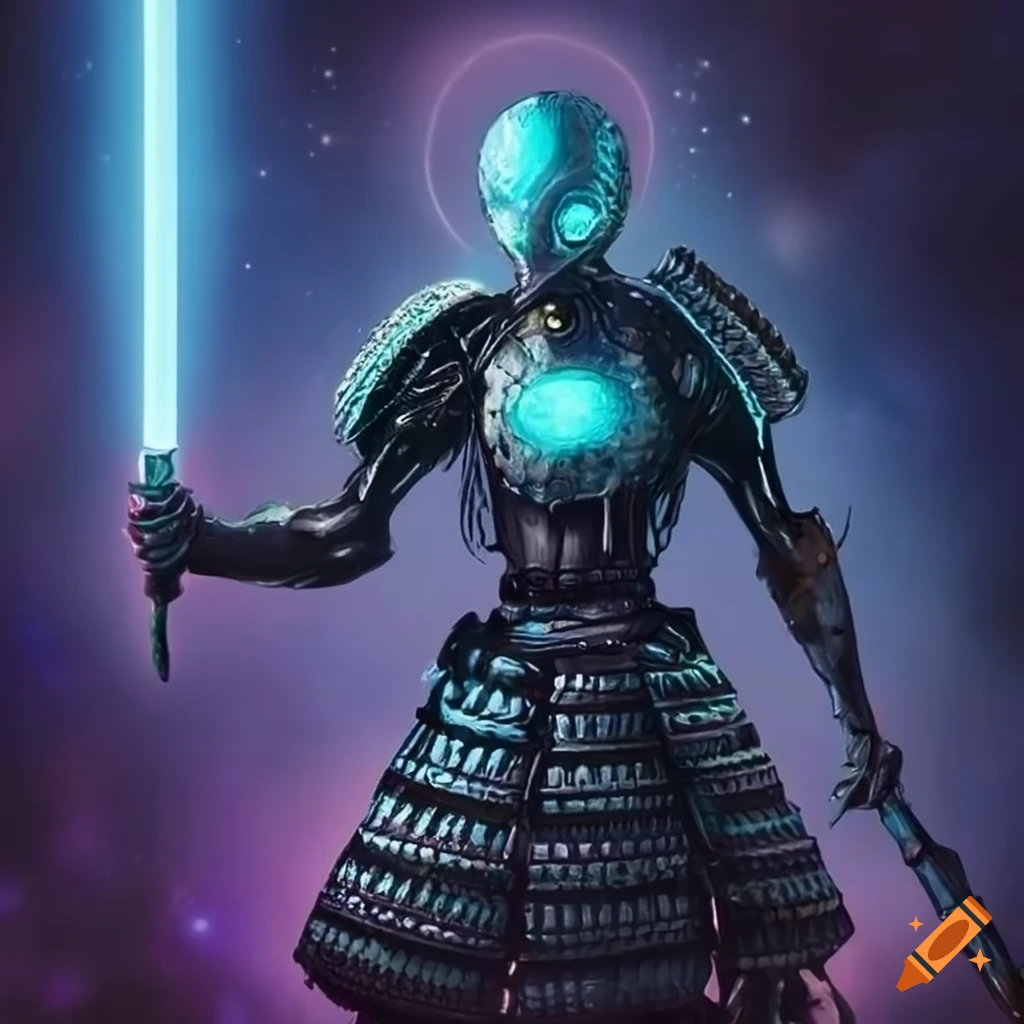 Cosmic goo alien in samurai armor wielding a lightsaber and futuristic ...