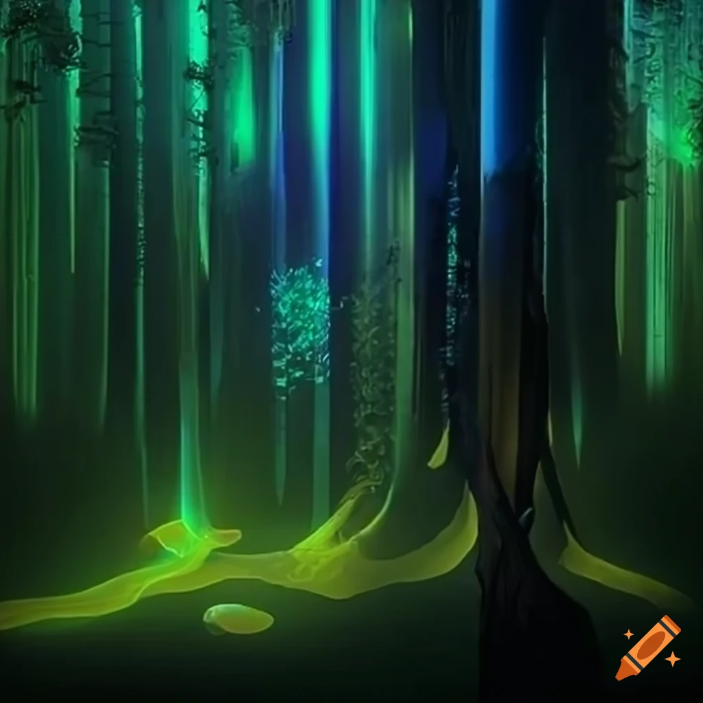 Surreal biopunk forest with glowing bioluminescent trees merging nature and technology on Craiyon