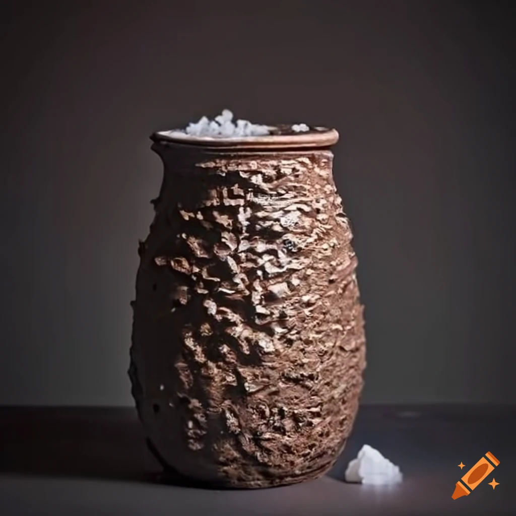Distorted textured clay jar overflowing with salt crystals on Craiyon