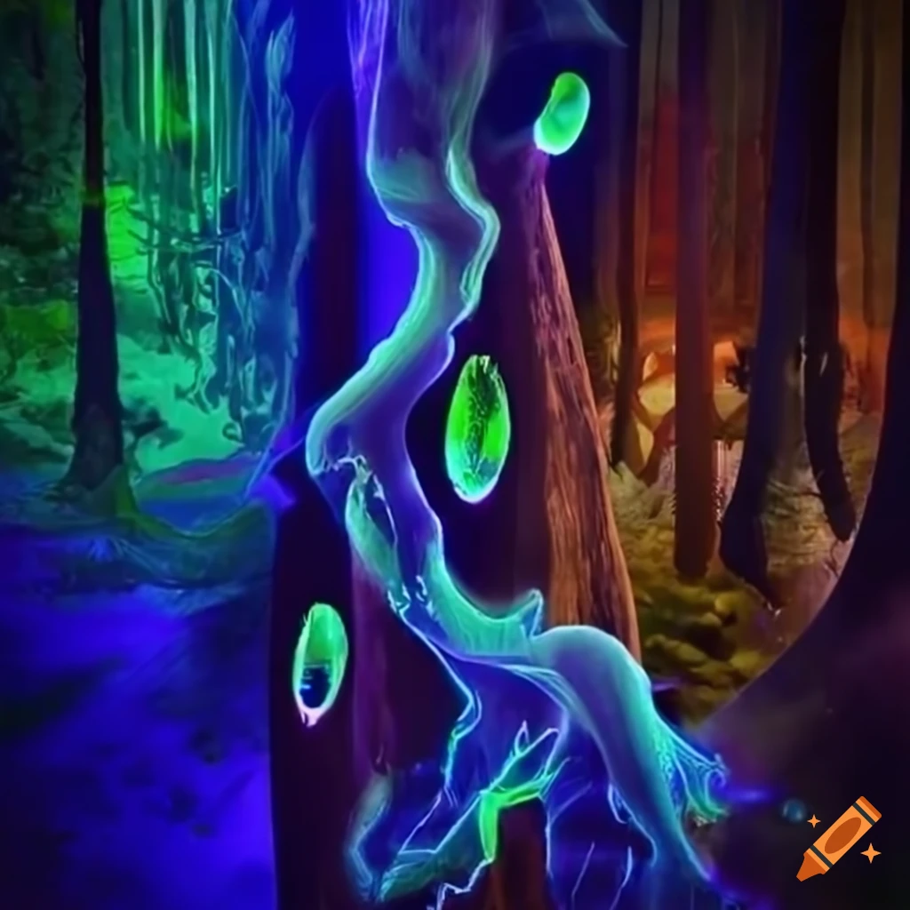 Surreal biopunk forest with glowing bioluminescent trees merging nature and technology on Craiyon