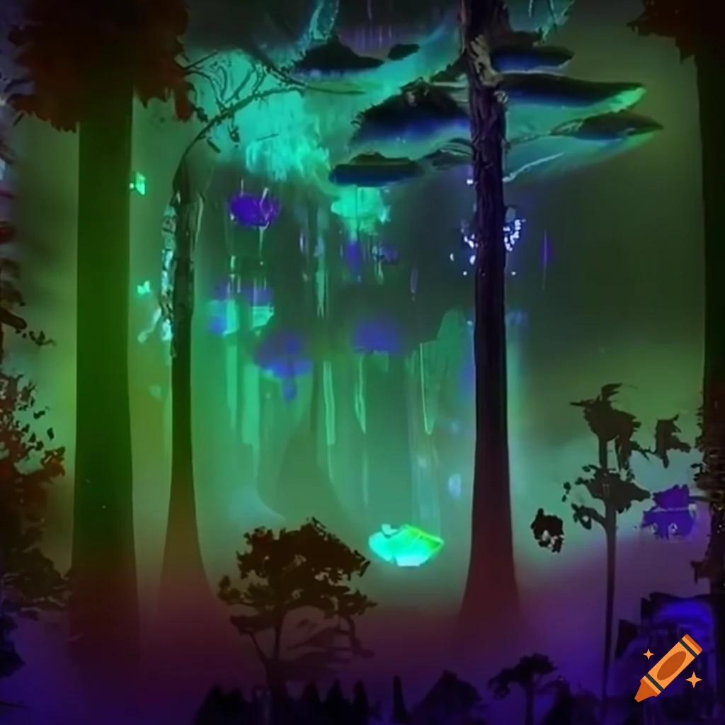 Biopunk forest merging nature and technology with glowing bioluminescent trees on Craiyon
