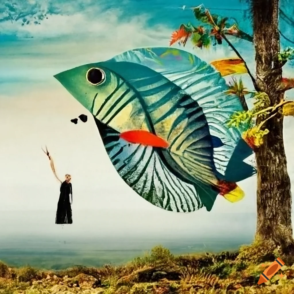 Surreal illustration with collages and double exposure of fish, tree ...