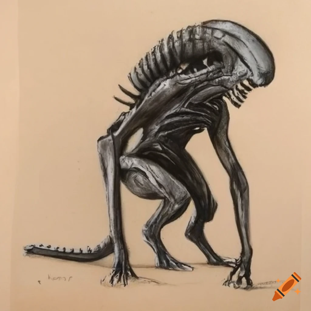 Xenomorph stalking in a charcoal drawing on tan paper on Craiyon