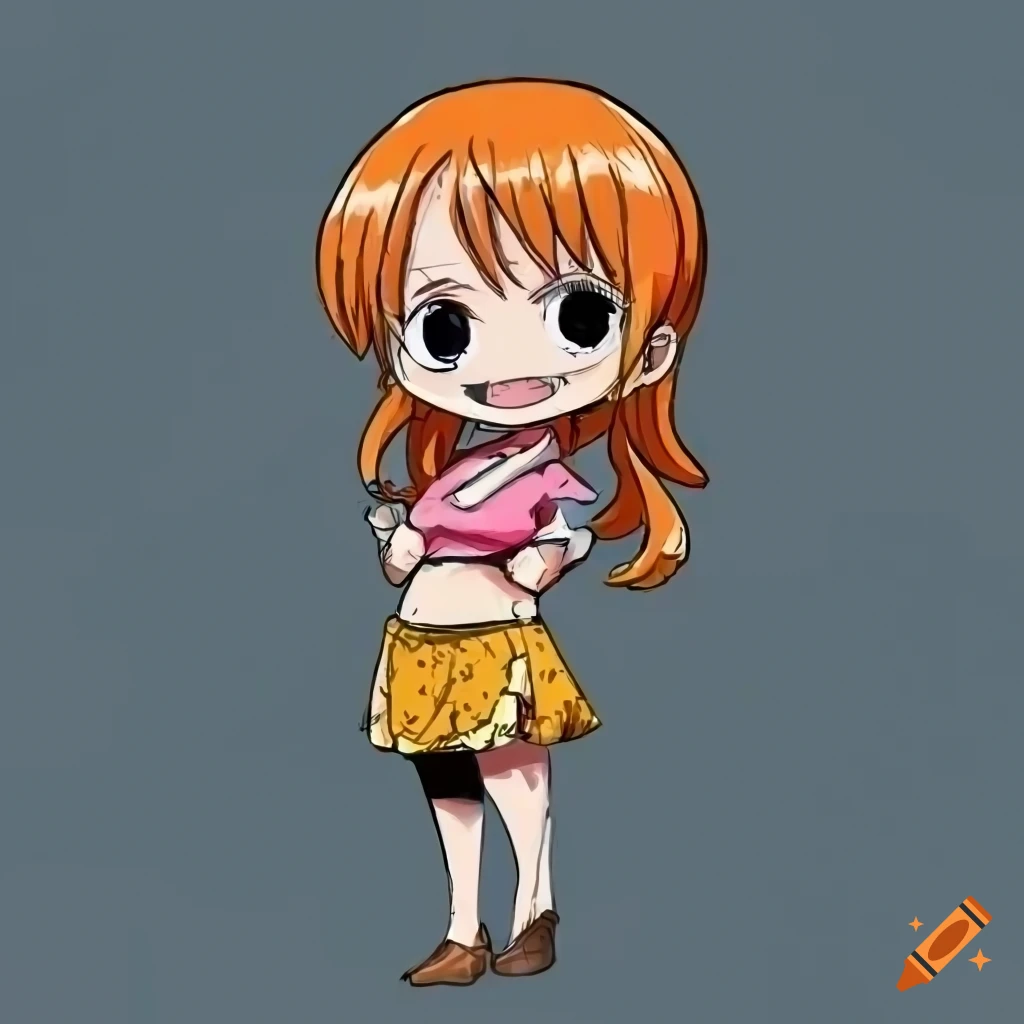 Chibi One Piece character Nami with orange hair and pink shirt standing ...