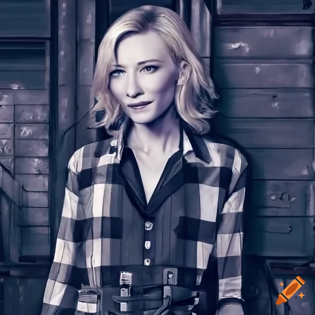 Blonde actress resembling a young cate blanchett in country plaid shirt ...