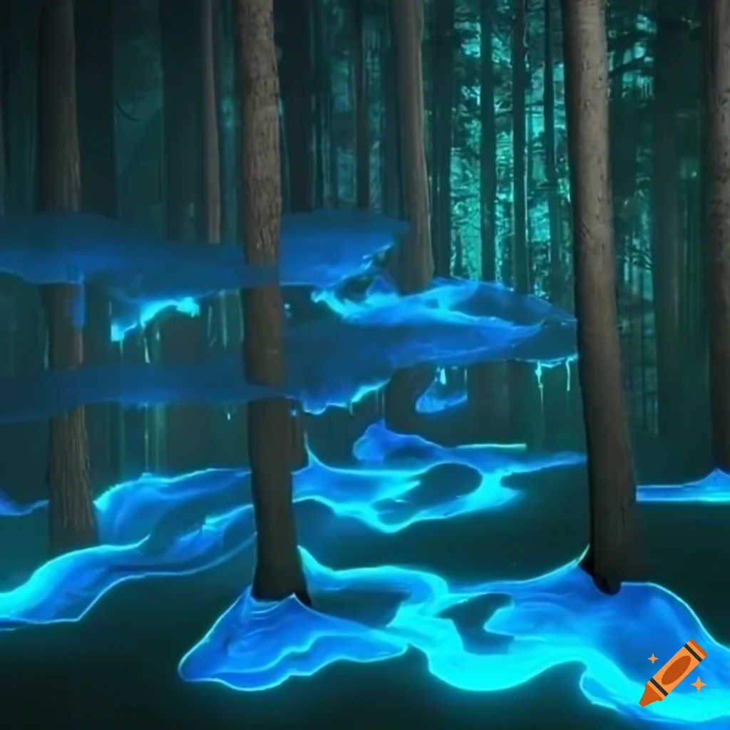Biopunk paradise with glowing bioluminescent trees in a surreal forest on Craiyon