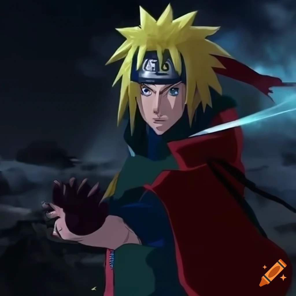 Concept art of Minato Namikaze in motion during an epic battle on Craiyon
