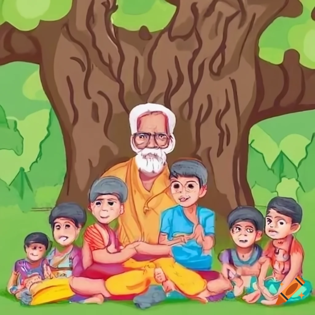 Indian old man telling stories to children under a tree on Craiyon