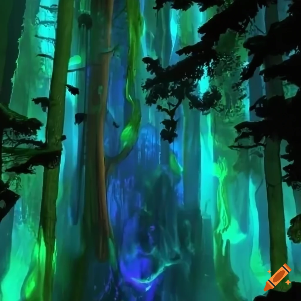 Biopunk paradise with glowing bioluminescent trees merging nature and technology on Craiyon