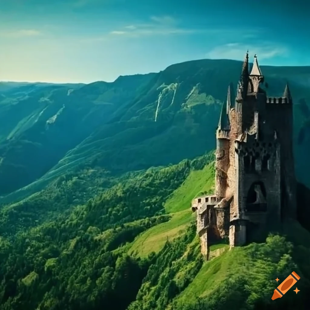 Imposing ancient castle on a clifftop overlooking a scenic valley on ...