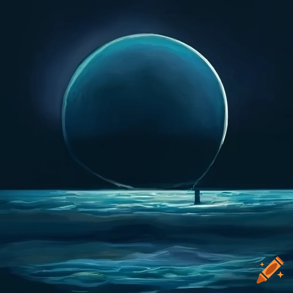 Solitary boat drifting in a dark ocean under a starless sky with a mysterious figure on board on ...