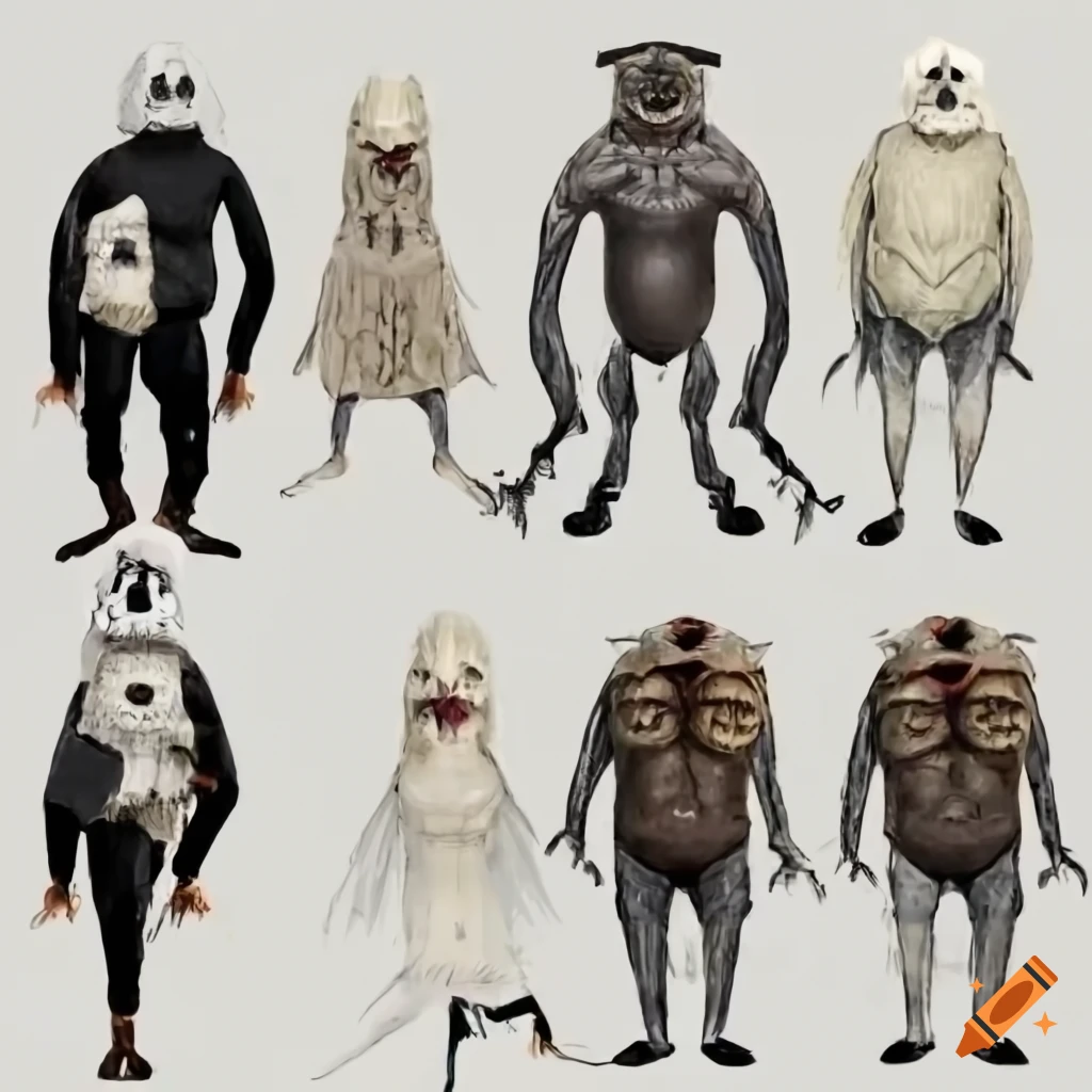 Unique white monster in leather clothing adorned with expressive masks ...