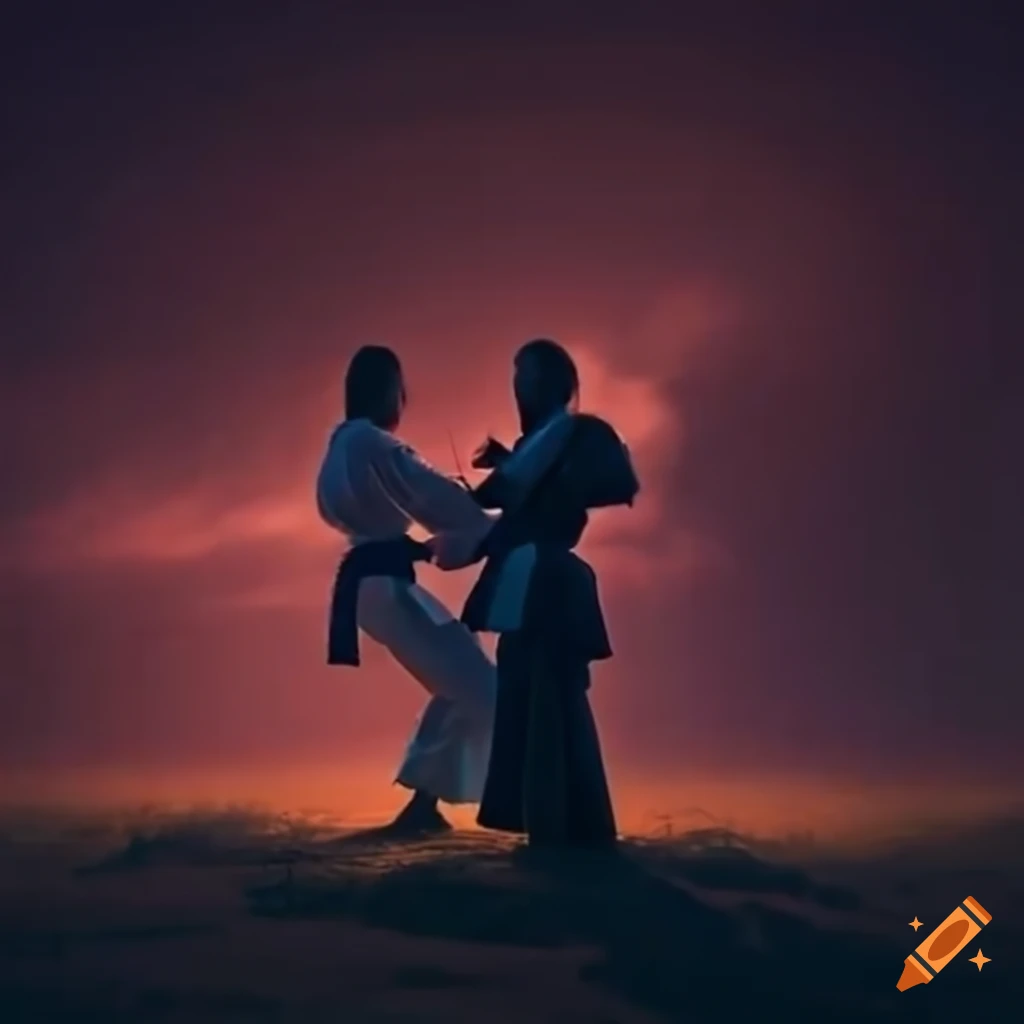 Two karate women standing in a field at night on Craiyon