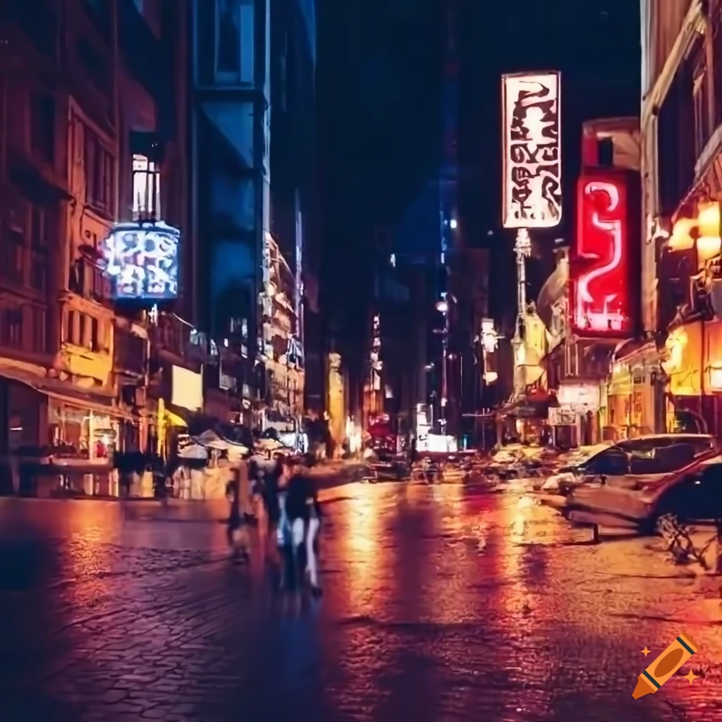 Busy urban street scene at night with neon signs and pedestrians on Craiyon