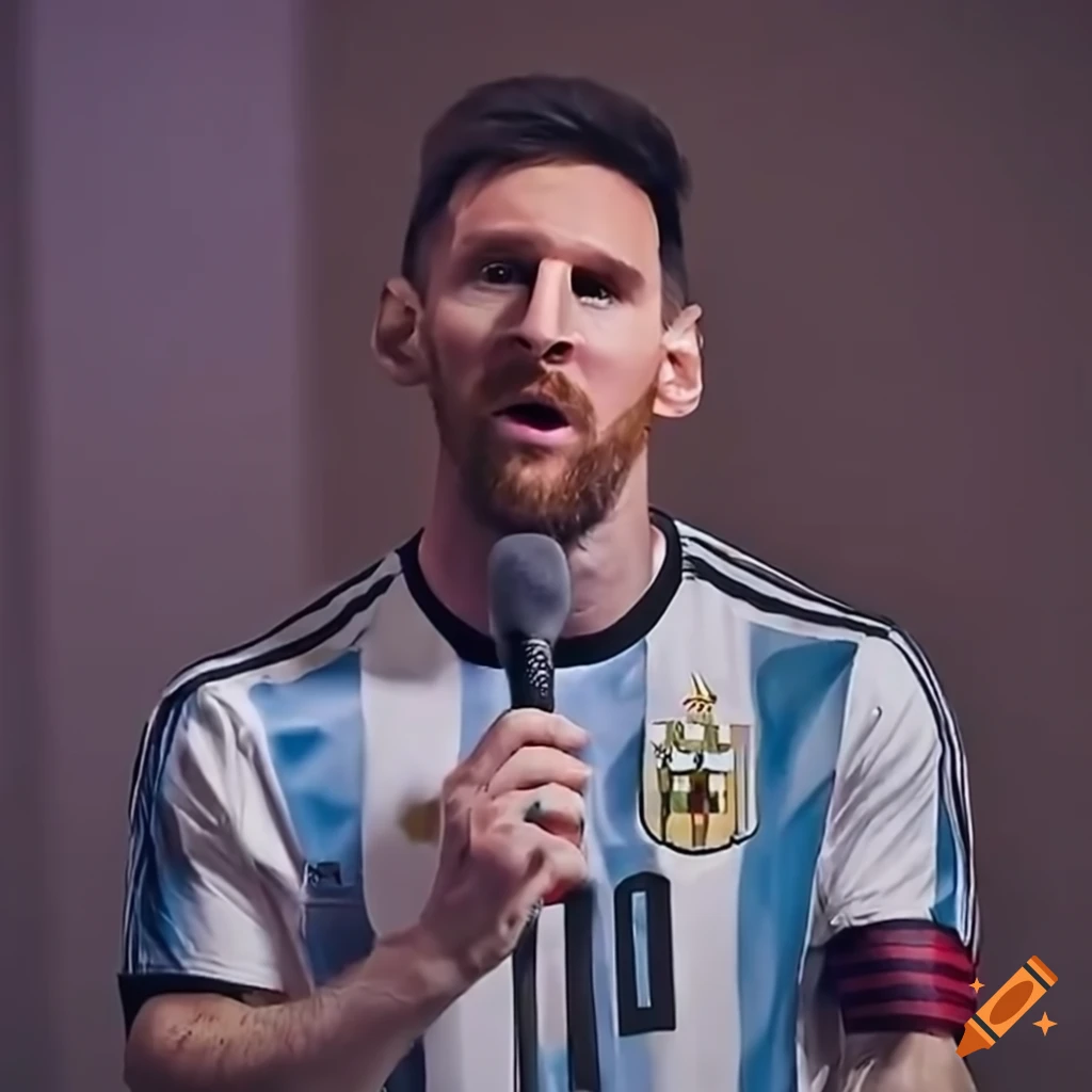Lionel messi in an argentinian jersey singing karaoke in a dimly lit ...