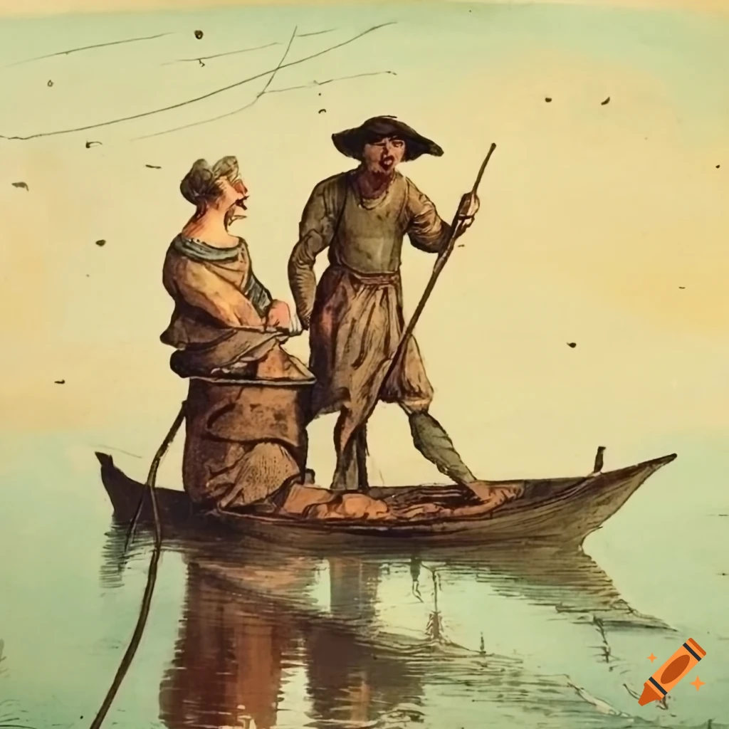 Medieval drawing of two men fishing in a lake from 1890 on Craiyon